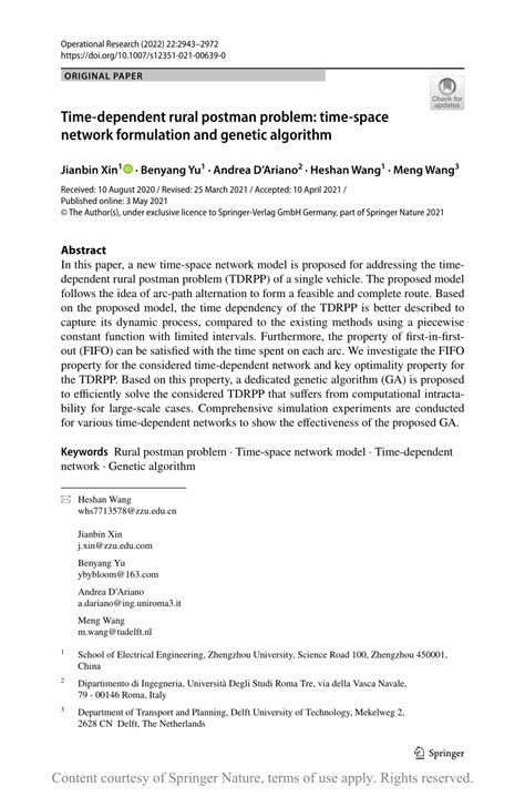 time dependent rural postman problem time space network formulation and genetic algorithm