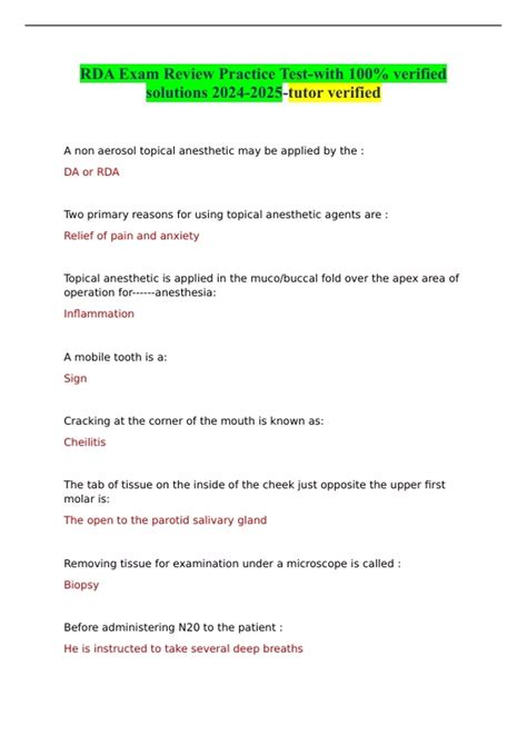 Rda Exam Review Practice Test With 100 Verified Solutions Tutor