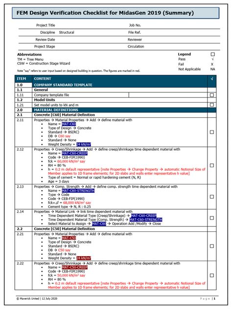 Fem Dv Checklist For Midasgen Summary 20240101 Pdf Prestressed