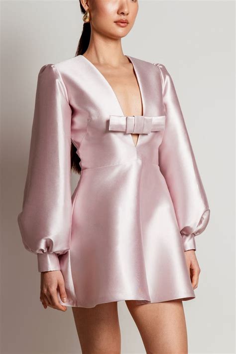 Pink Low Cut Mini Dress With Puffy Sleeves And Bow Insert In 2024