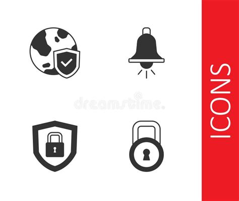 Set Lock Shield With World Globe Security Lock And Ringing Alarm Bell Icon Vector Stock