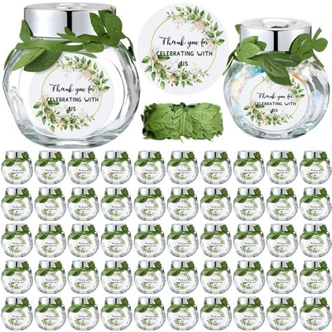 Skybooly 50 Pcs 1 5 Oz Mini Glass Jars Small Candy Jars With Lids Green Leaf Ribbon And Labels
