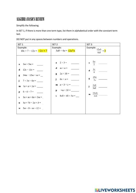 Algebra Basics Worksheet 1 By The Sunshine Teacher Miss King