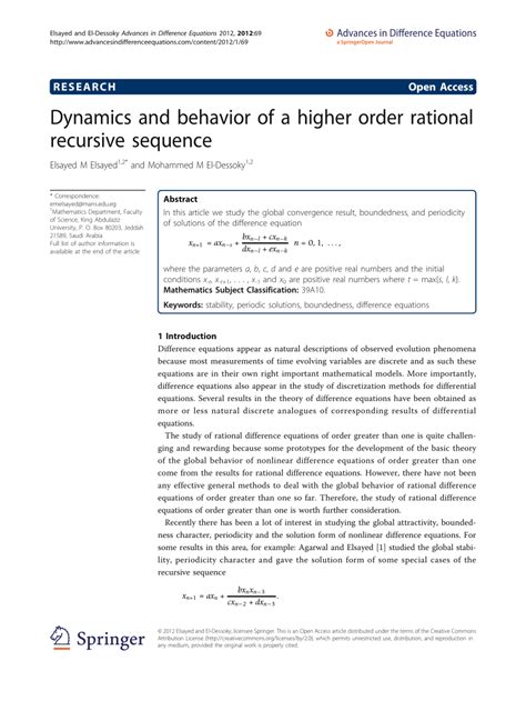 PDF Dynamics And Behavior Of A Higher Order Rational Recursive Sequence