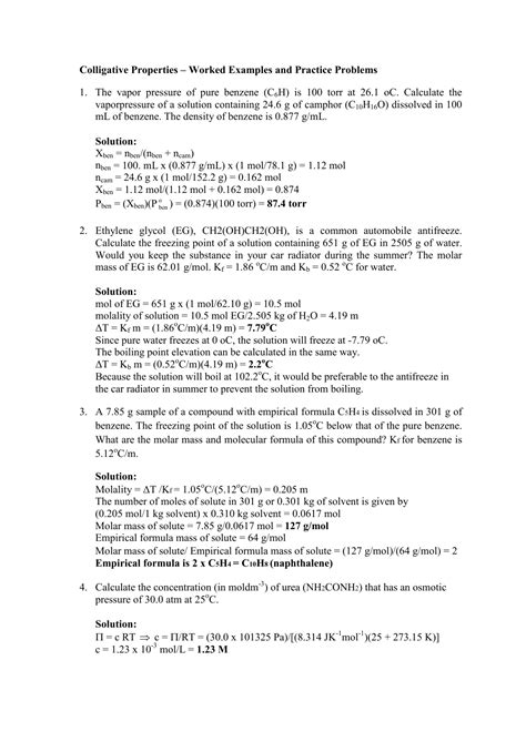 Colligative Properties Worked Examples And Practice Problems 1