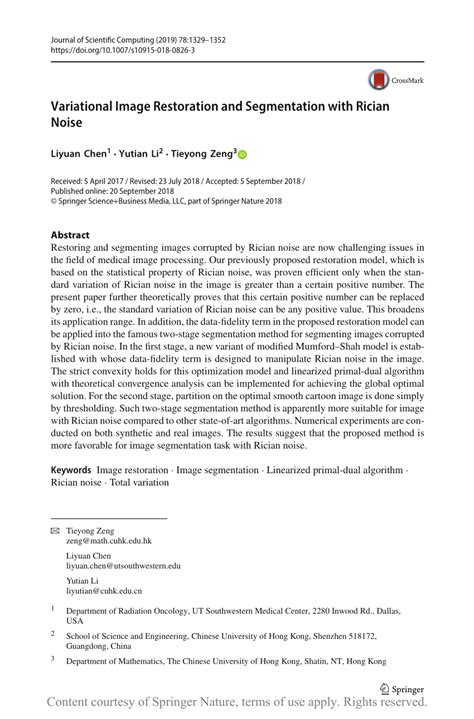Variational Image Restoration And Segmentation With Rician Noise Request Pdf