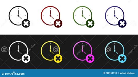 Set Clock Delete Icon Isolated On Black And White Background Time Symbol Stock Vector