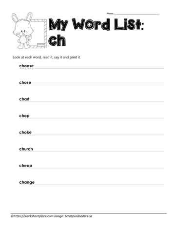 Digraph Spelling List for ch Worksheets