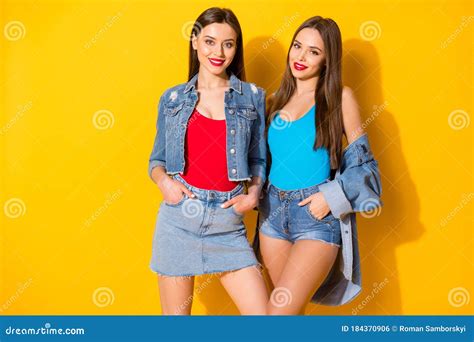 Portrait Of Lovely Cute Pretty Girls Put Hands Shorts Enjoy Together
