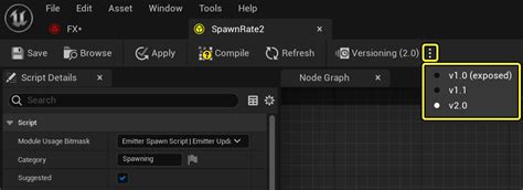 versioning modules and emitters in niagara effects for unreal engine