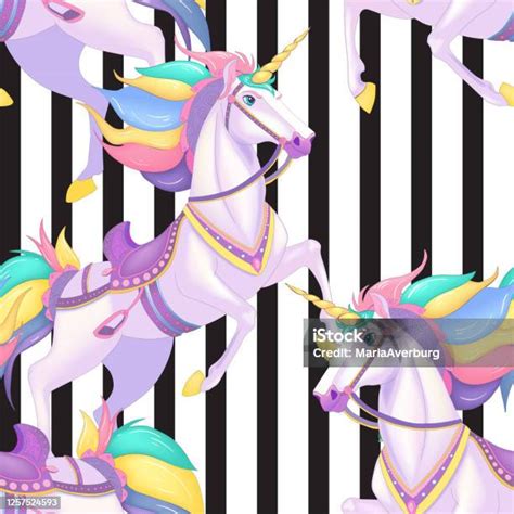 검은 줄무늬에 무지개 머리와 귀여운 흰색 유니콘 원활한 벡터 패턴 배경 일러스트 3차원 형태에 대한 스톡 벡터 아트 및 기타 이미지 3차원 형태 유니콘 꽃 식물