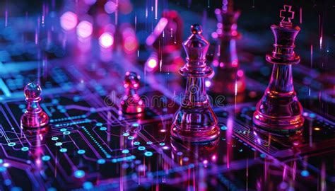 Chess Pieces On Board In Neon Lights Circuit Board Pattern And Binary