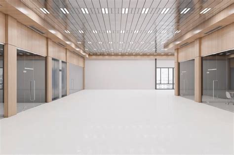 반짝이는 천장 엘리베이터 창과 도시 전망 가구 일광 작업 공간 및 디자인 개념 3d 렌더링을 갖춘 고급스러운 넓은 사무실 인테리어 프리미엄 사진