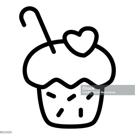 머핀 라인 아이콘 베이커리 개념 흰색 배경에 달콤한 케이크 기호 크림이 있는 컵케이크 모바일 웹 디자인을 위한 개요에 있는 작은 하트 장식 아이콘 벡터 그래픽 검은색에 대한