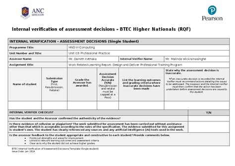 Hnd Com Unit 03 Internal Verification Of Assessment Decisions Report
