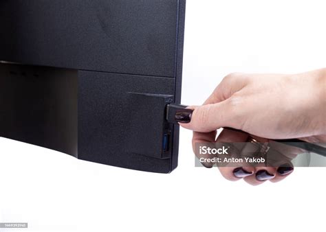 It 엔지니어가 손으로 케이블을 모니터에 삽입합니다 모니터용 Dvi 케이블을 컴퓨터 Pc에 연결하는 남자 손 Vga Dvi 디스플레이 포트 및 전원 케이블 의 손에 닫힙니다