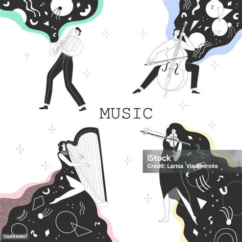 뮤지션들은 악기를 연주합니다 오케스트라 밴드 명상 연주 음악 첼로 하프 색소폰 비올라 흰색 배경에 격리 벡터 그림입니다 플랫 스타일 페스티벌 포스터 클래식 음악에 대한 스톡