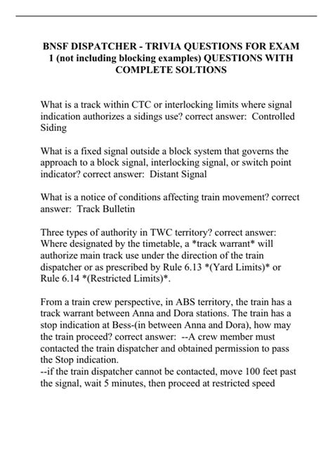 Bnsf Dispatcher Trivia Questions For Exam 1 Not Including Blocking Examples Questions With