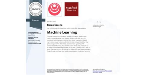 Karan Saxena On Linkedin Completion Certificate For Machine Learning