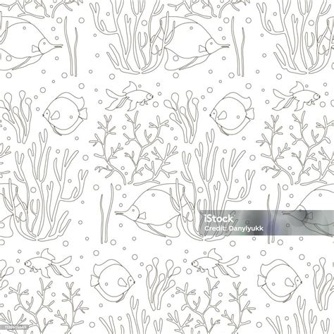 Стокова ілюстрація Водорості Корали Безшовний Малюнок Риби Антистресова Сторінка Монохромний