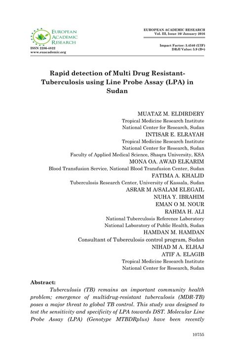 Pdf Rapid Detection Of Multi Drug Resistant Tuberculosis Using Line Probe Assay Lpa In Sudan