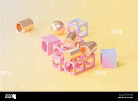 Abstract Futuristic Cube And Cylinder Objects On Gradient Background Minimal 3d Render Stock