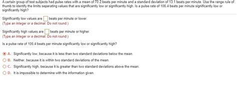 solved a certain group of test subjects had pulse rates with mean of