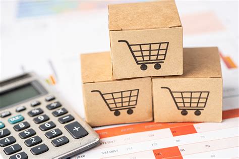 그래프 배경에 계산기가 있는 상자에 장바구니 로고 은행 계좌 투자 분석 연구 데이터 경제 거래 비즈니스 수입 수출 운송 온라인 회사 개념 0명에 대한 스톡 사진 및 기타