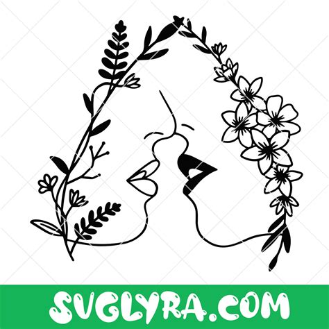 Couple Floral Kissing Face Svg Couple Kissing Line Art Svg Flower Svg Romantic Couple Svg