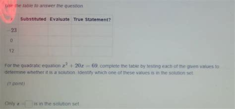 Use The Table To Answer The Question X Substituted Evaluate True Statement 23 Square Square