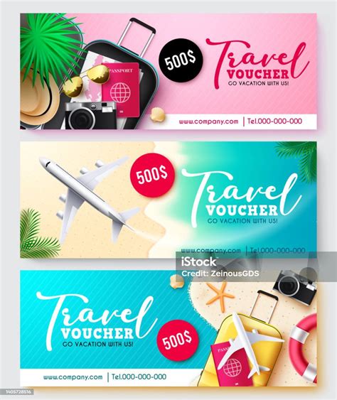 여행 바우처 벡터 배너 세트 여행 여행 쿠폰을위한 전세계 관광 휴가 요소와 할인 쿠폰 디자인의 여행 바우처 텍스트 컬렉션 여행