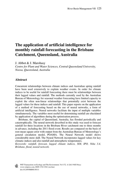 Pdf The Application Of Artificial Intelligence For Monthly Rainfall Forecasting In The