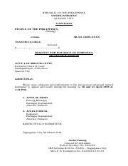 Request For Subpoena Legal Forms Doc REPUBLIC OF THE PHILIPPINES SANDIGANBAYAN QUEZON CITY X