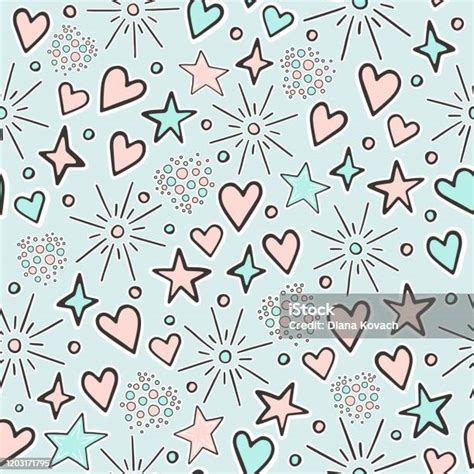 귀여운 파란색과 분홍색 별 하트 경례와 손으로 그린 원활한 패턴 벡터 생일 베이비 룸 인사말 카드 초대장 벽지 포장지 포장에 대한 Сolorful 낙서 그림 하트 모양에