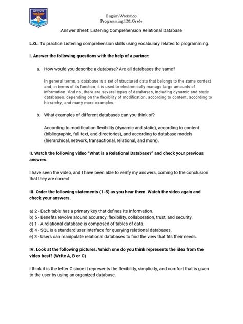 answer sheet listening comprehension relational database download free pdf databases