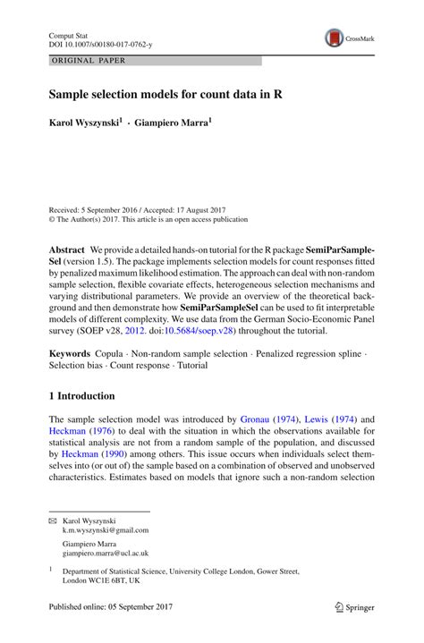 Pdf Sample Selection Models For Count Data In R