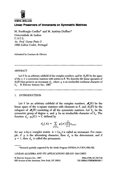 Pdf Linear Preservers Of Immanants On Symmetric Matrices