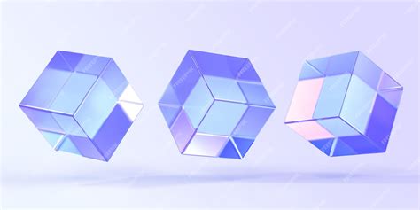 다른 각도 보기의 유리 또는 크리스탈 큐브 3d 렌더링 홀로그램 그라데이션 텍스처가 있는 무지개 사각형 상자 블록 보라색 배경