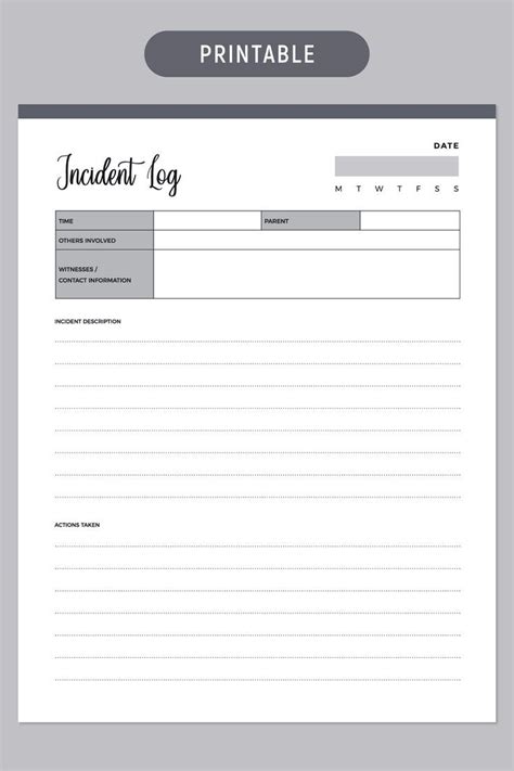 Printable Incident Log Instant Download Pdf A4 And Us Letter Sizes