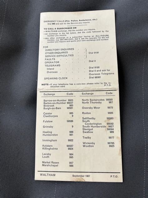 ORIGINAL GPO TELEPHONE Draw Dialling Code Card For Waltham Grimsby 1967 9 00 PicClick UK