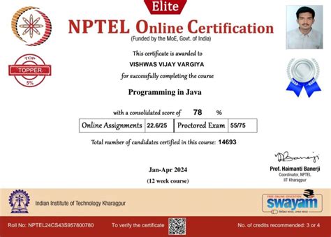 Vishwas Vijay Vargiya On Linkedin Javaprogramming Nptel Certification Achievement Top5percent