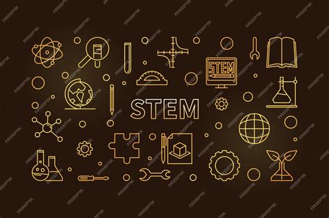 줄기 과학 라인 개념 황금 가로 배너 과학 기술 공학 및 수학 벡터 선형 컬러 그림 프리미엄 벡터