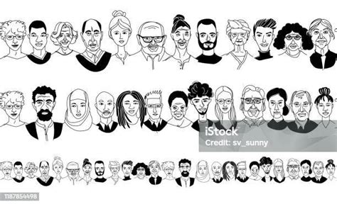 여성 남성 머리 초상화 라인 그리기 낙서 포스터 원활한 테두리 낙서 드로잉에 대한 스톡 벡터 아트 및 기타 이미지 낙서 드로잉 인물 사진 팀워크 Istock