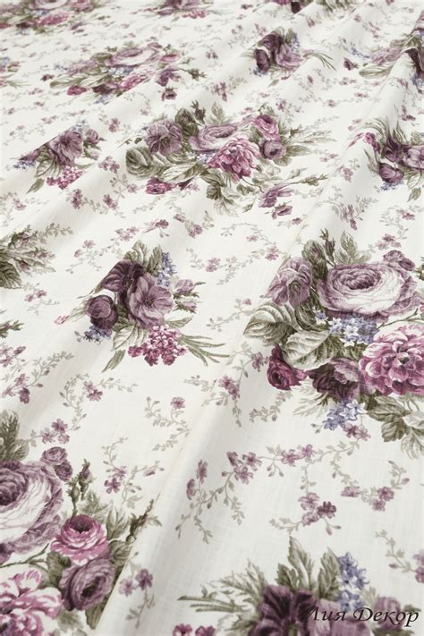 №3305 Памучен плат за завеси Памучно перде винтид с винтидж рози в цвят млечно бял лилав