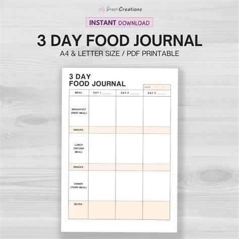 3 Day Food Journal Printable Food Tracker Food Log Daily Food Diary