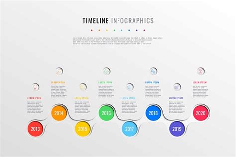 흰색 배경에 8 라운드 요소 연도 표시 및 텍스트 상자와 수평 비즈니스 타임 라인 현실적인 3d 종이 컷 인포 그래픽 템플릿 현대 벡터 회사 역사 프리젠 테이션 Eps 10