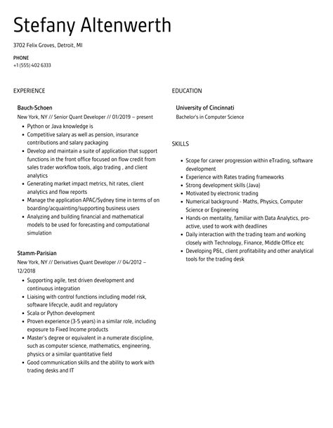 Quant Developer Resume Samples Velvet Jobs