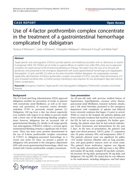 Pdf Use Of 4 Factor Prothrombin Complex Concentrate In The Treatment Of A Gastrointestinal
