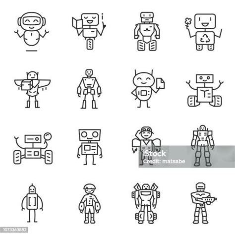로봇 아이콘 집합입니다 로봇 캐릭터 다양 한 요리와 다른 목적 선형 아이콘의 기계 편집 가능한 획 선 로봇에 대한 스톡 벡터