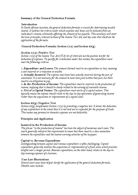 Summary Of The General Deduction Formula Summary Of The General